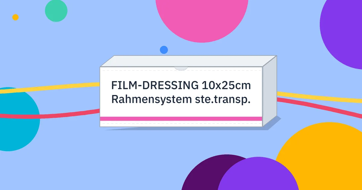 Symbolbild: Packung mit der Aufschrift FILM-DRESSING 10x25cm Rahmensystem ste.transp. (PZN 20010472) – Verfügbarkeit und Bezug in Apotheken in Frankfurt am Main