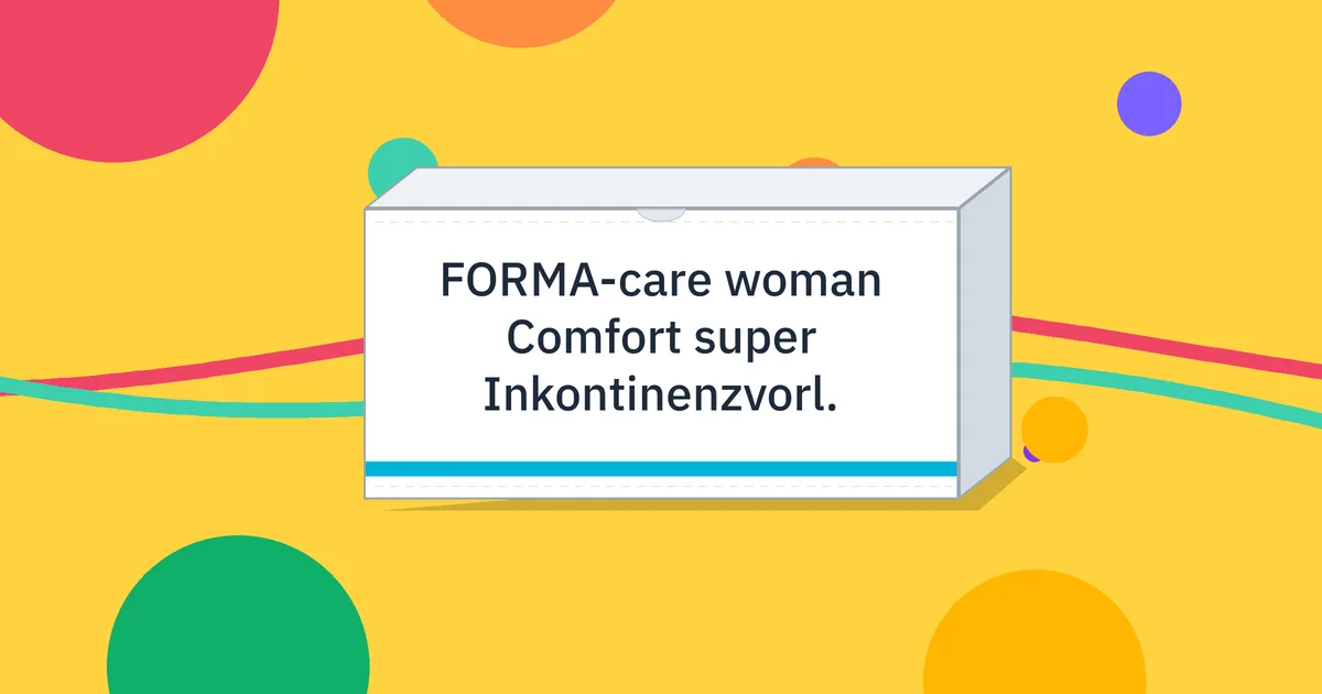 Symbolbild: Packung mit der Aufschrift FORMA-care woman Comfort super Inkontinenzvorl. (PZN 18851419) – Verfügbarkeit und Bezug in Apotheken in Frankfurt am Main