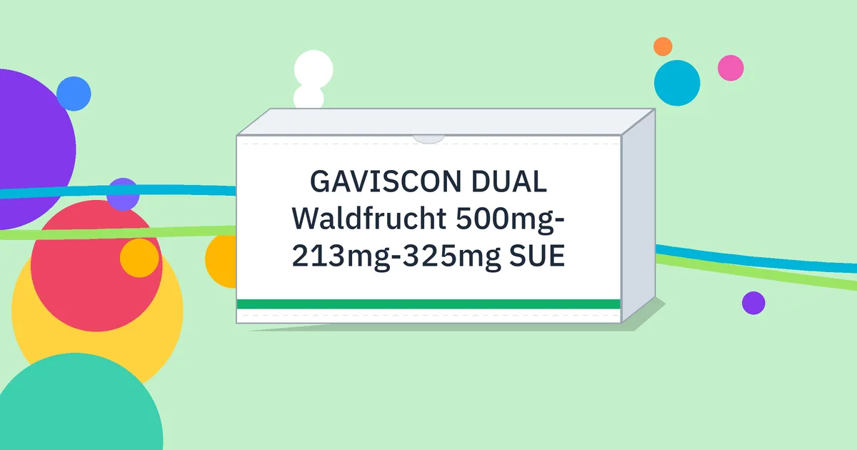 Symbolbild: Packung mit der Aufschrift GAVISCON DUAL Waldfrucht 500mg-213mg-325mg SUE (PZN 20033094) – Verfügbarkeit und Bezug in Apotheken in Frankfurt am Main