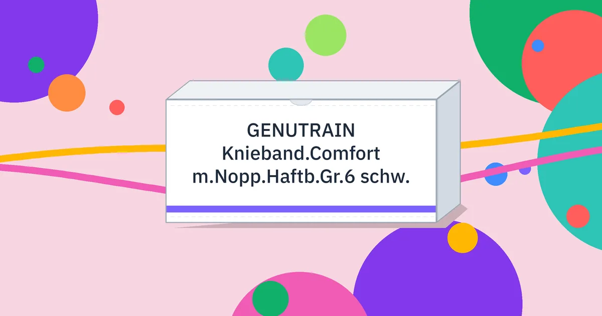 Symbolbild: Packung mit der Aufschrift GENUTRAIN Knieband.Comfort m.Nopp.Haftb.Gr.6 schw. (PZN 20040094) – Verfügbarkeit und Bezug in Apotheken in Frankfurt am Main