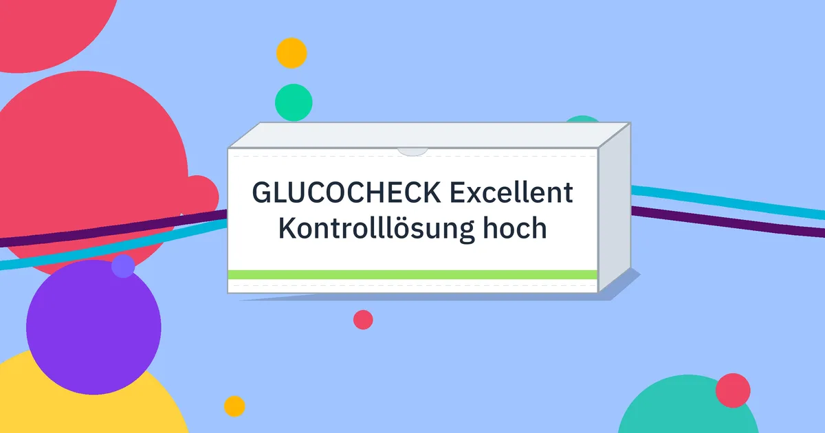 Symbolbild: Packung mit der Aufschrift GLUCOCHECK Excellent Kontrolllösung hoch (PZN 09121099) – Verfügbarkeit und Bezug in Apotheken in Frankfurt am Main
