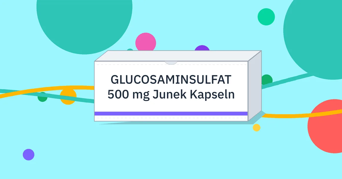 Symbolbild: Packung mit der Aufschrift GLUCOSAMINSULFAT 500 mg Junek Kapseln (PZN 01037235) – Verfügbarkeit und Bezug in Apotheken in Frankfurt am Main