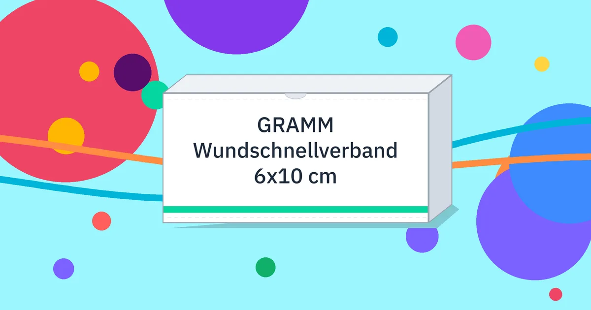 Symbolbild: Packung mit der Aufschrift GRAMM Wundschnellverband 6x10 cm (PZN 07354238) – Verfügbarkeit und Bezug in Apotheken in Frankfurt am Main