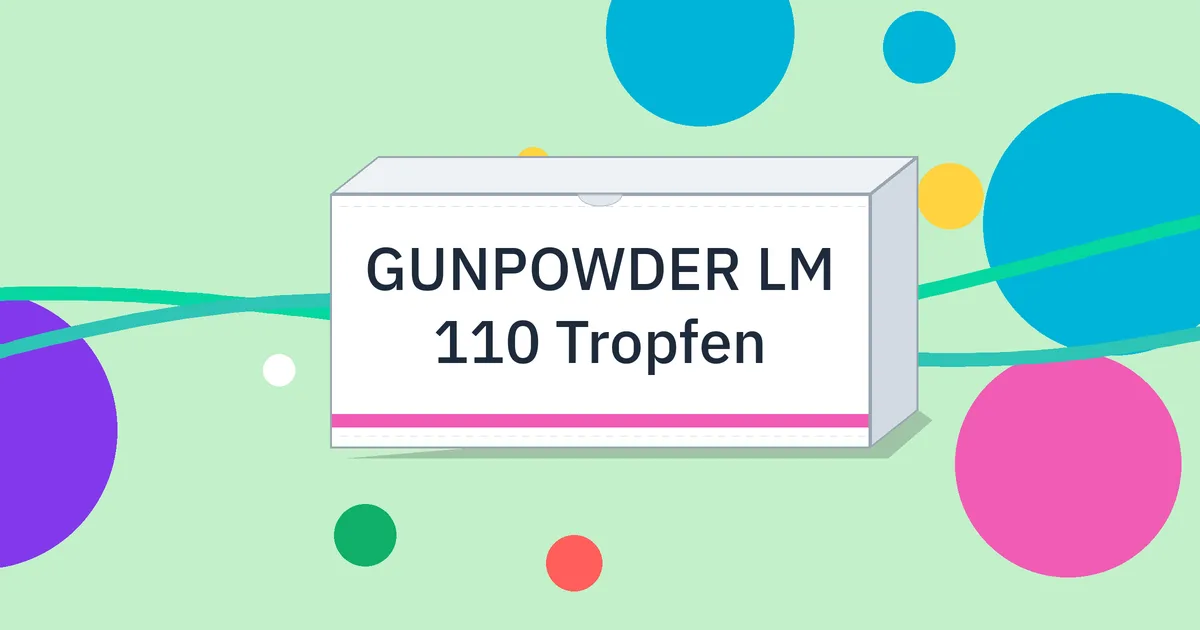 Symbolbild: Packung mit der Aufschrift GUNPOWDER LM 110 Tropfen (PZN 15823919) – Verfügbarkeit und Bezug in Apotheken in Frankfurt am Main