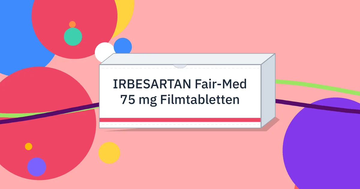 Symbolbild: Packung mit der Aufschrift IRBESARTAN Fair-Med 75 mg Filmtabletten (PZN 12700369) – Verfügbarkeit und Bezug in Apotheken in Frankfurt am Main