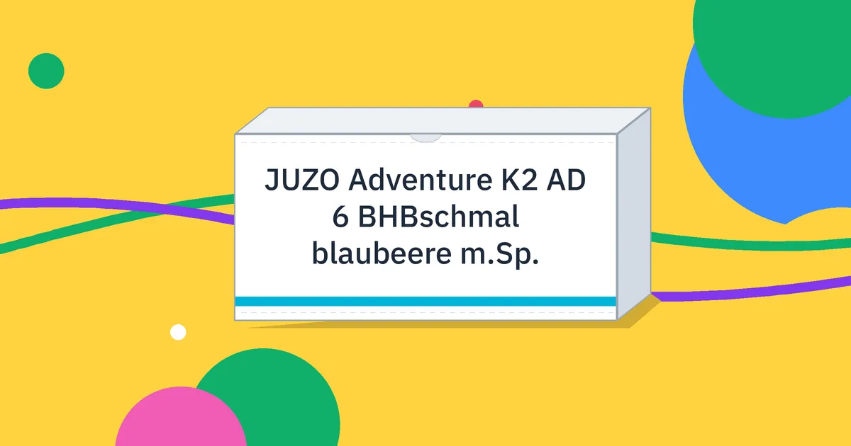 Symbolbild: Packung mit der Aufschrift JUZO Adventure K2 AD 6 BHBschmal blaubeere m.Sp. (PZN 16345729) – Verfügbarkeit und Bezug in Apotheken in Frankfurt am Main