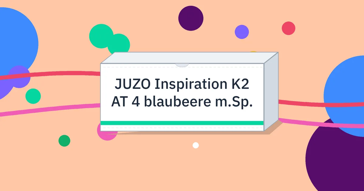 Symbolbild: Packung mit der Aufschrift JUZO Inspiration K2 AT 4 blaubeere m.Sp. (PZN 14926729) – Verfügbarkeit und Bezug in Apotheken in Frankfurt am Main