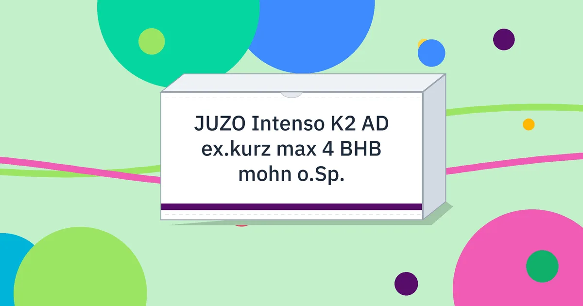 Symbolbild: Packung mit der Aufschrift JUZO Intenso K2 AD ex.kurz max 4 BHB mohn o.Sp. (PZN 18624675) – Verfügbarkeit und Bezug in Apotheken in Frankfurt am Main