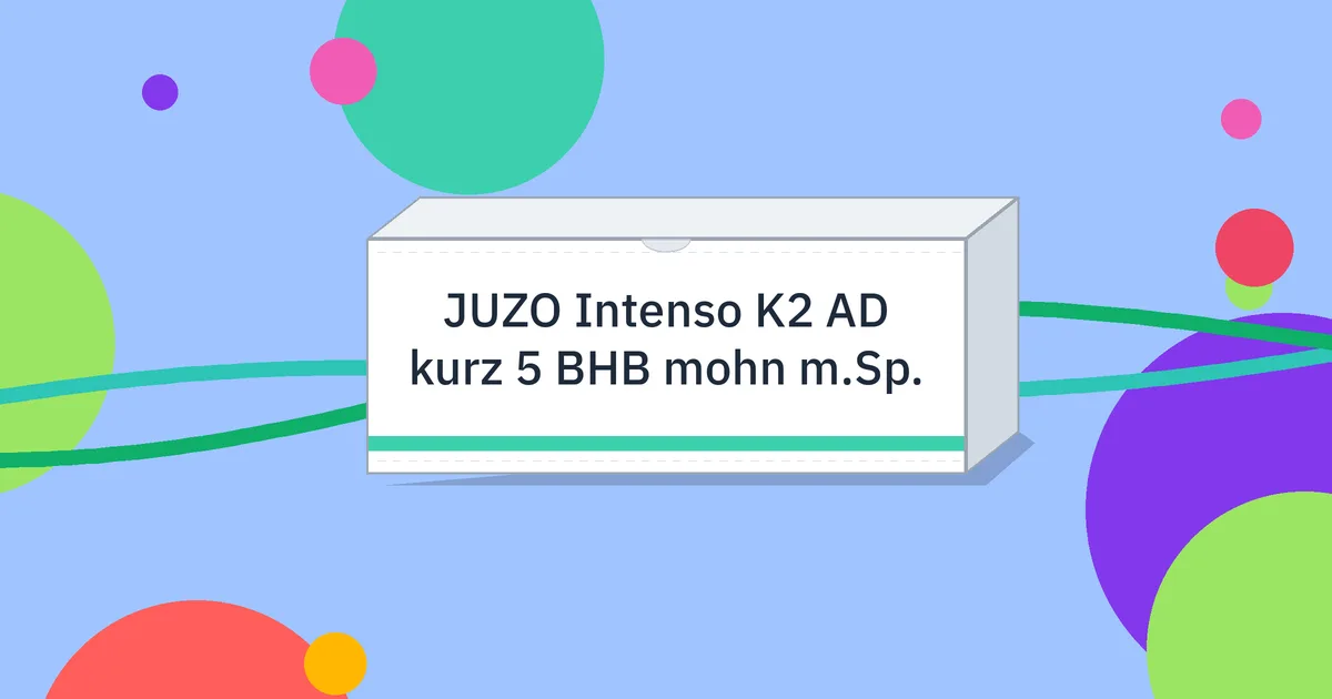 Symbolbild: Packung mit der Aufschrift JUZO Intenso K2 AD kurz 5 BHB mohn m.Sp. (PZN 18614731) – Verfügbarkeit und Bezug in Apotheken in Frankfurt am Main