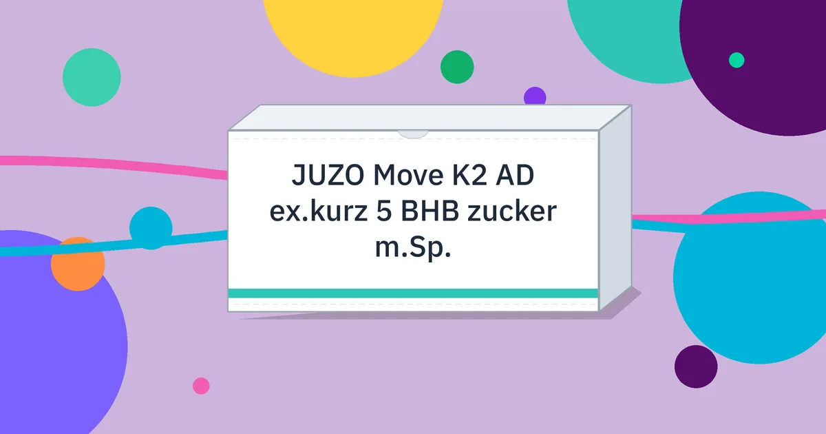 Symbolbild: Packung mit der Aufschrift JUZO Move K2 AD ex.kurz 5 BHB zucker m.Sp. (PZN 18510210) – Verfügbarkeit und Bezug in Apotheken in Frankfurt am Main
