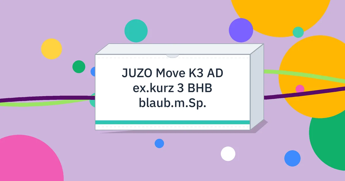 Symbolbild: Packung mit der Aufschrift JUZO Move K3 AD ex.kurz 3 BHB blaub.m.Sp. (PZN 18573587) – Verfügbarkeit und Bezug in Apotheken in Frankfurt am Main