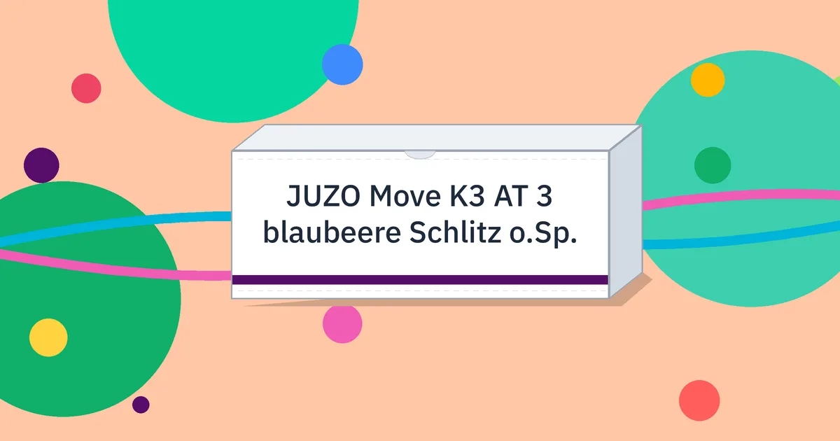 Symbolbild: Packung mit der Aufschrift JUZO Move K3 AT 3 blaubeere Schlitz o.Sp. (PZN 20679554) – Verfügbarkeit und Bezug in Apotheken in Frankfurt am Main