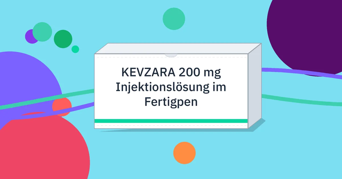 Symbolbild: Packung mit der Aufschrift KEVZARA 200 mg Injektionslösung im Fertigpen (PZN 16703821) – Verfügbarkeit und Bezug in Apotheken in Frankfurt am Main