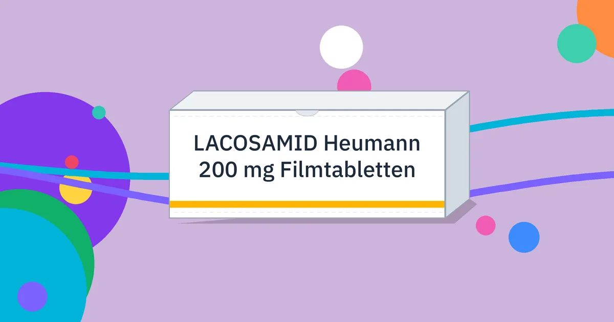 Symbolbild: Packung mit der Aufschrift LACOSAMID Heumann 200 mg Filmtabletten (PZN 16357968) – Verfügbarkeit und Bezug in Apotheken in Frankfurt am Main