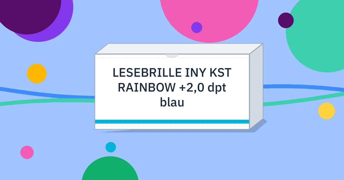 Symbolbild: Packung mit der Aufschrift LESEBRILLE INY KST RAINBOW +2,0 dpt blau (PZN 19941159) – Verfügbarkeit und Bezug in Apotheken in Frankfurt am Main