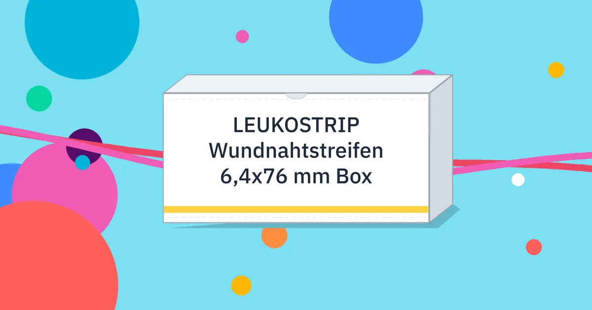 Symbolbild: Packung mit der Aufschrift LEUKOSTRIP Wundnahtstreifen 6,4x76 mm Box (PZN 19701679) – Verfügbarkeit und Bezug in Apotheken in Frankfurt am Main