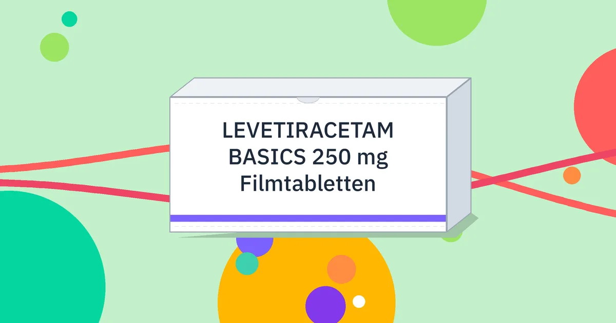 Symbolbild: Packung mit der Aufschrift LEVETIRACETAM BASICS 250 mg Filmtabletten (PZN 09482897) – Verfügbarkeit und Bezug in Apotheken in Frankfurt am Main