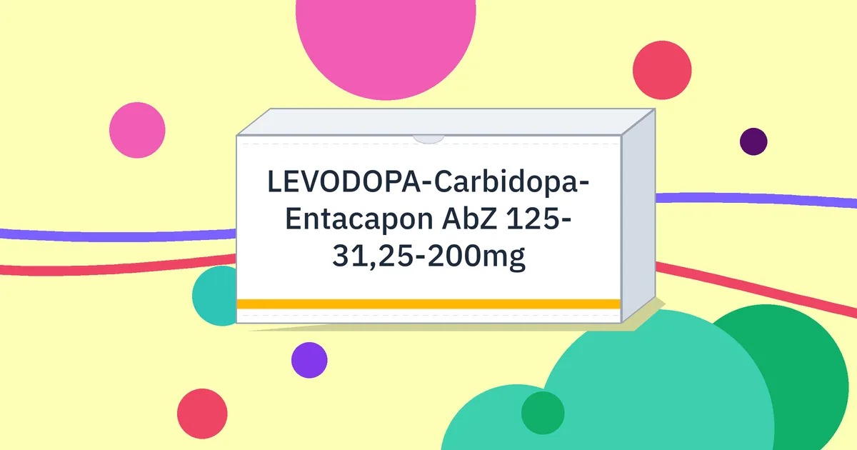 Symbolbild: Packung mit der Aufschrift LEVODOPA-Carbidopa-Entacapon AbZ 125-31,25-200mg (PZN 10712799) – Verfügbarkeit und Bezug in Apotheken in Frankfurt am Main
