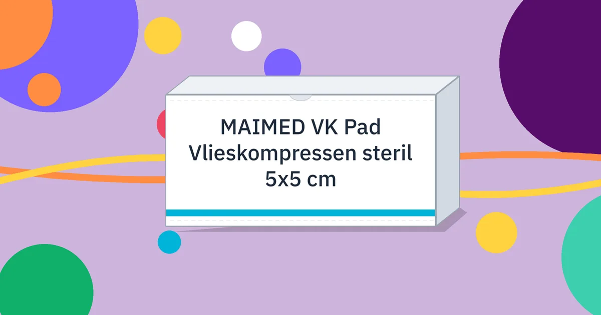 Symbolbild: Packung mit der Aufschrift MAIMED VK Pad Vlieskompressen steril 5x5 cm (PZN 10223451) – Verfügbarkeit und Bezug in Apotheken in Frankfurt am Main
