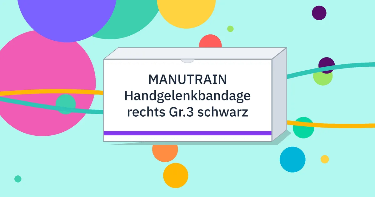 Symbolbild: Packung mit der Aufschrift MANUTRAIN Handgelenkbandage rechts Gr.3 schwarz (PZN 07552300) – Verfügbarkeit und Bezug in Apotheken in Frankfurt am Main