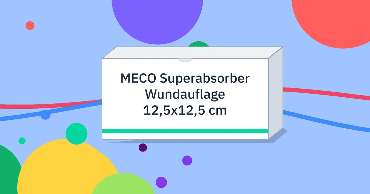 Symbolbild: Packung mit der Aufschrift MECO Superabsorber Wundauflage 12,5x12,5 cm (PZN 17969159) – Verfügbarkeit und Bezug in Apotheken in Frankfurt am Main