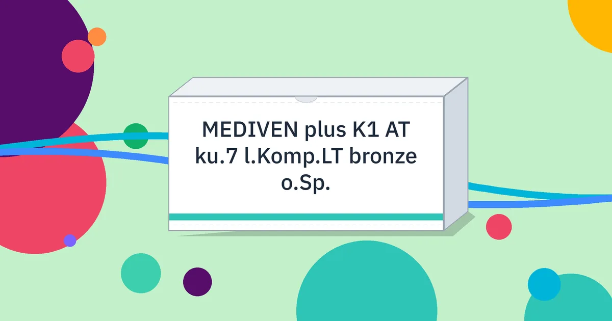 Symbolbild: Packung mit der Aufschrift MEDIVEN plus K1 AT ku.7 l.Komp.LT bronze o.Sp. (PZN 15029682) – Verfügbarkeit und Bezug in Apotheken in Frankfurt am Main