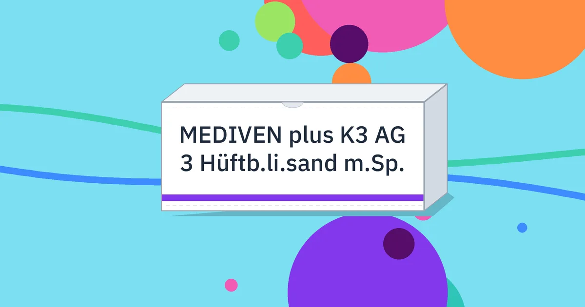 Symbolbild: Packung mit der Aufschrift MEDIVEN plus K3 AG 3 Hüftb.li.sand m.Sp. (PZN 18966281) – Verfügbarkeit und Bezug in Apotheken in Frankfurt am Main