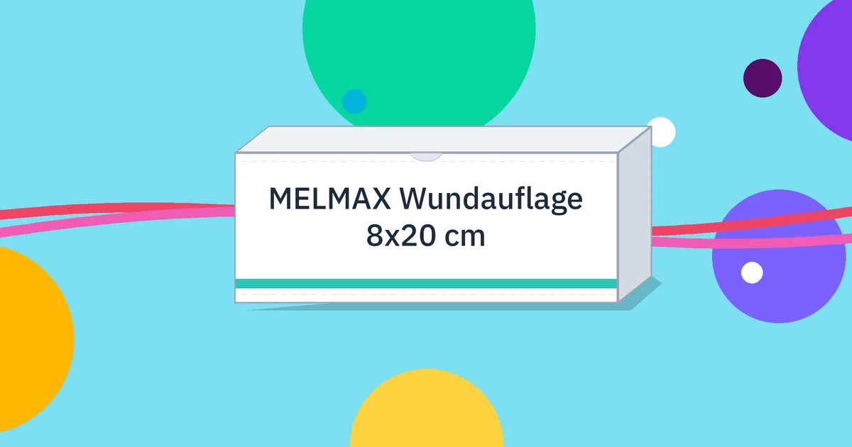Symbolbild: Packung mit der Aufschrift MELMAX Wundauflage 8x20 cm (PZN 07408508) – Verfügbarkeit und Bezug in Apotheken in Frankfurt am Main