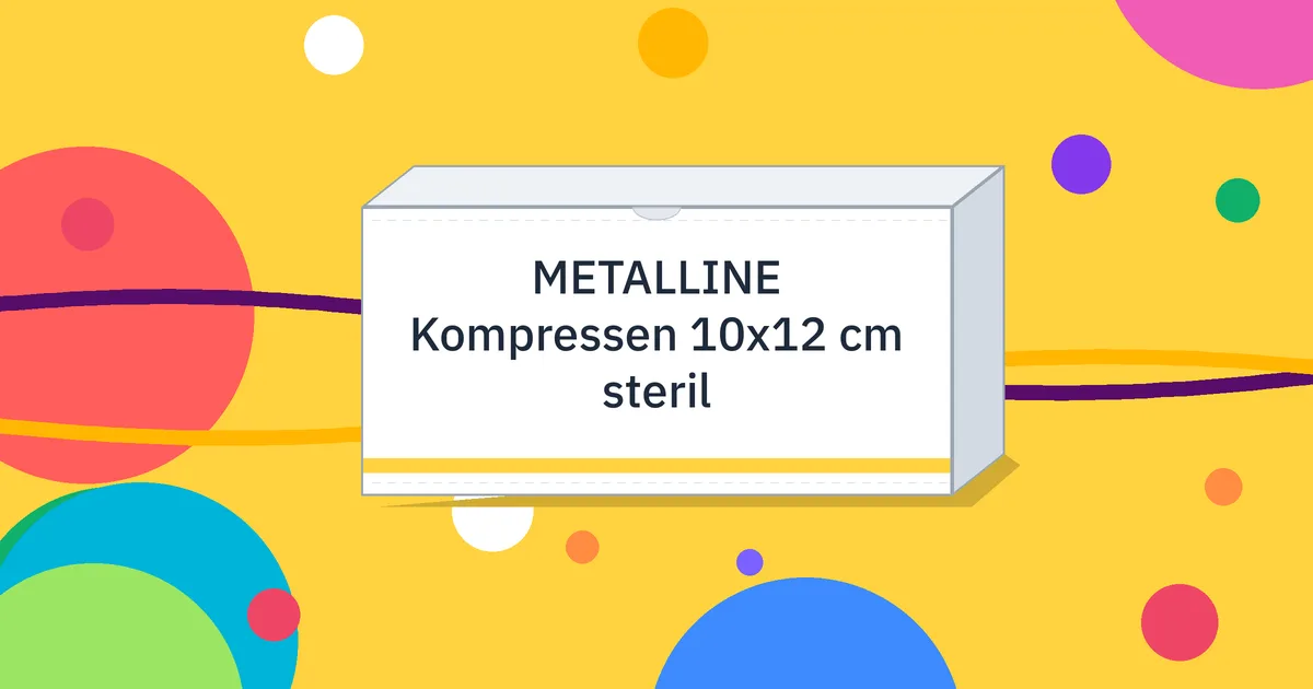 Symbolbild: Packung mit der Aufschrift METALLINE Kompressen 10x12 cm steril (PZN 19813131) – Verfügbarkeit und Bezug in Apotheken in Frankfurt am Main