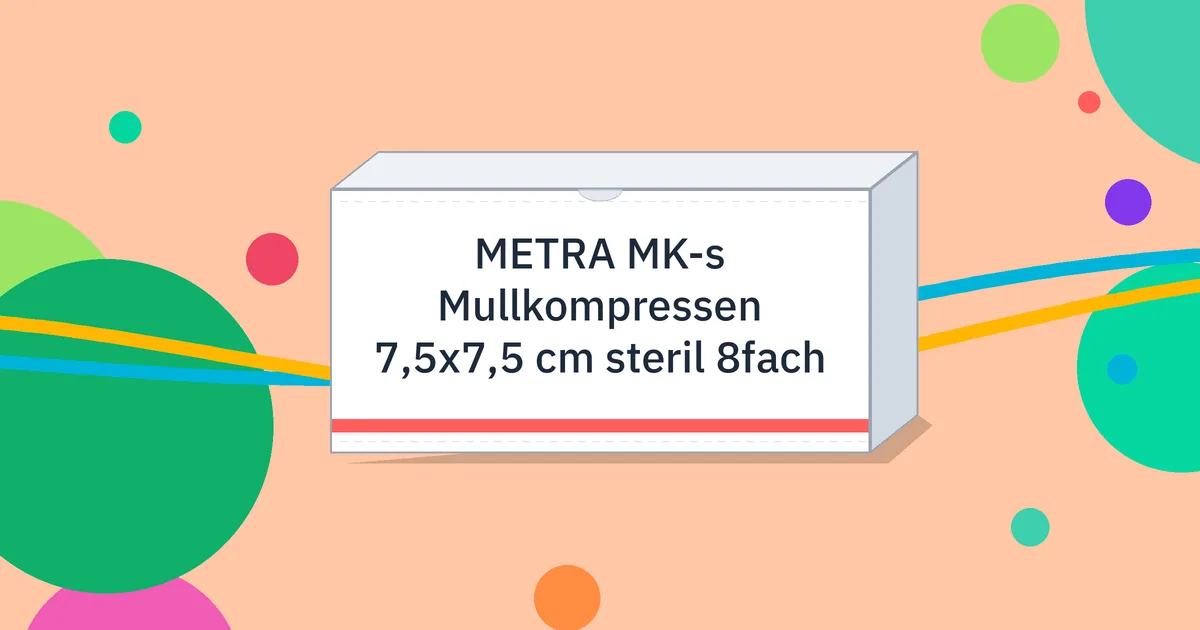 Symbolbild: Packung mit der Aufschrift METRA MK-s Mullkompressen 7,5x7,5 cm steril 8fach (PZN 07771404) – Verfügbarkeit und Bezug in Apotheken in Frankfurt am Main