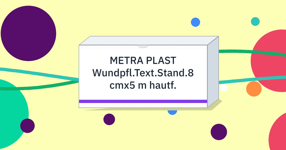 Symbolbild: Packung mit der Aufschrift METRA PLAST Wundpfl.Text.Stand.8 cmx5 m hautf. (PZN 07772059) – Verfügbarkeit und Bezug in Apotheken in Frankfurt am Main