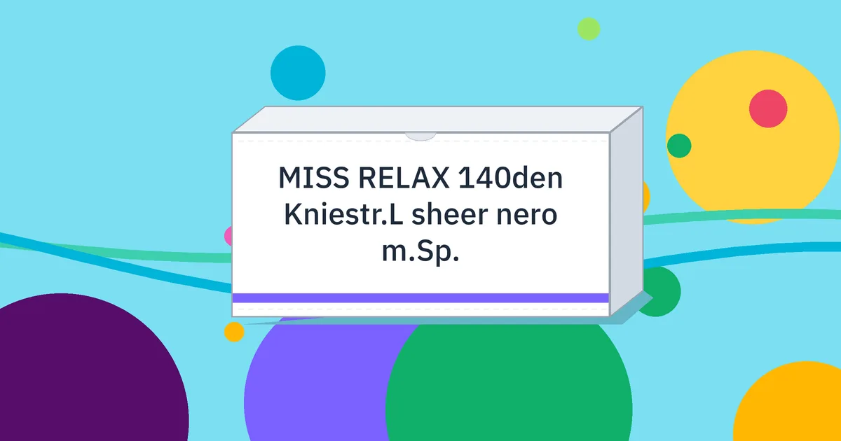 Symbolbild: Packung mit der Aufschrift MISS RELAX 140den Kniestr.L sheer nero m.Sp. (PZN 16189531) – Verfügbarkeit und Bezug in Apotheken in Frankfurt am Main