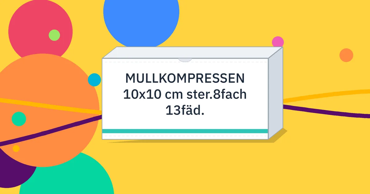 Symbolbild: Packung mit der Aufschrift MULLKOMPRESSEN 10x10 cm ster.8fach 13fäd. (PZN 06928909) – Verfügbarkeit und Bezug in Apotheken in Frankfurt am Main