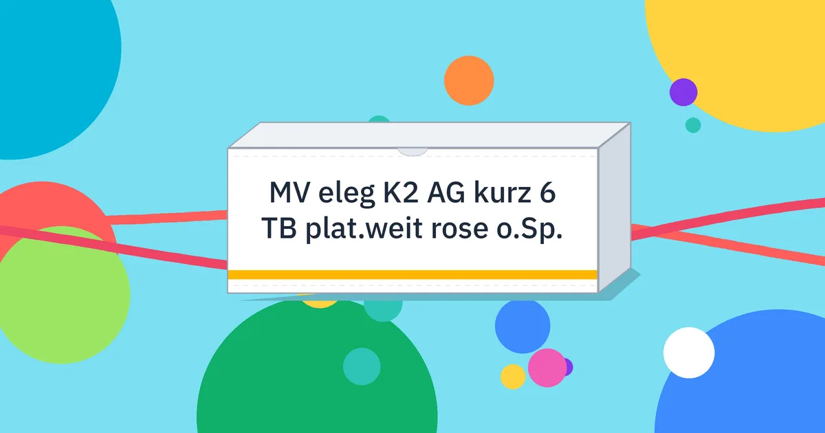 Symbolbild: Packung mit der Aufschrift MV eleg K2 AG kurz 6 TB plat.weit rose o.Sp. (PZN 14696614) – Verfügbarkeit und Bezug in Apotheken in Frankfurt am Main