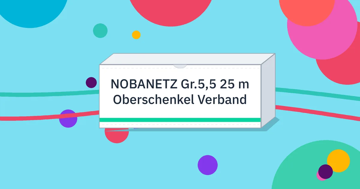 Symbolbild: Packung mit der Aufschrift NOBANETZ Gr.5,5 25 m Oberschenkel Verband (PZN 07571651) – Verfügbarkeit und Bezug in Apotheken in Frankfurt am Main