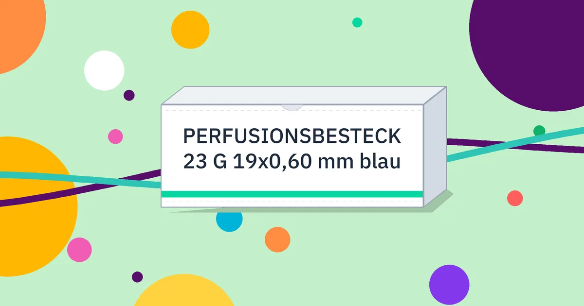 Symbolbild: Packung mit der Aufschrift PERFUSIONSBESTECK 23 G 19x0,60 mm blau (PZN 13846655) – Verfügbarkeit und Bezug in Apotheken in Frankfurt am Main