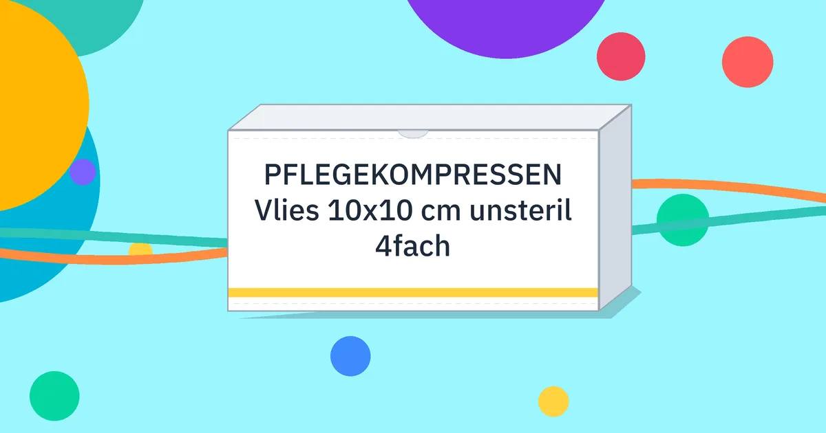 Symbolbild: Packung mit der Aufschrift PFLEGEKOMPRESSEN Vlies 10x10 cm unsteril 4fach (PZN 11030837) – Verfügbarkeit und Bezug in Apotheken in Frankfurt am Main