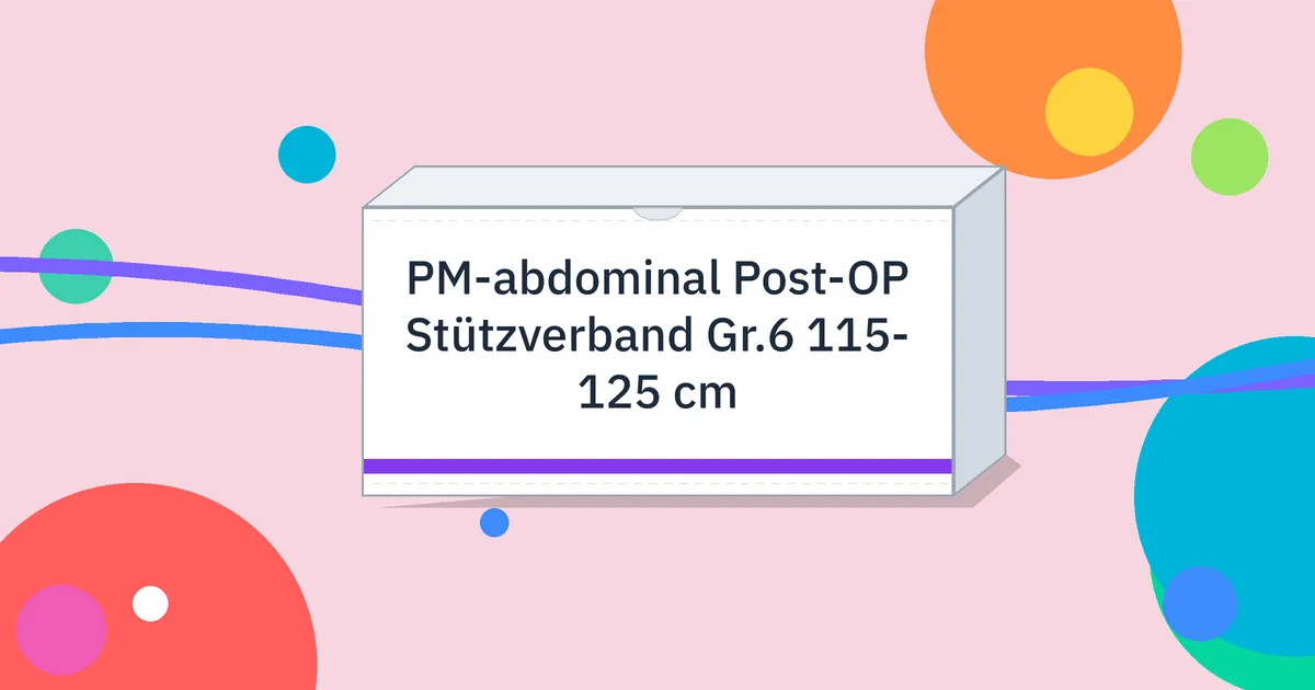 Symbolbild: Packung mit der Aufschrift PM-abdominal Post-OP Stützverband Gr.6 115-125 cm (PZN 18846163) – Verfügbarkeit und Bezug in Apotheken in Frankfurt am Main