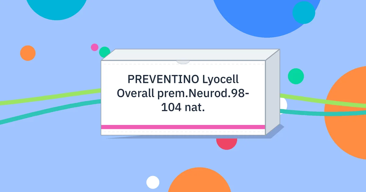 Symbolbild: Packung mit der Aufschrift PREVENTINO Lyocell Overall prem.Neurod.98-104 nat. (PZN 16895743) – Verfügbarkeit und Bezug in Apotheken in Frankfurt am Main