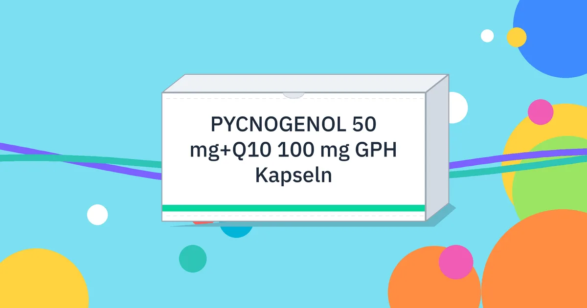 Symbolbild: Packung mit der Aufschrift PYCNOGENOL 50 mg+Q10 100 mg GPH Kapseln (PZN 01161082) – Verfügbarkeit und Bezug in Apotheken in Frankfurt am Main