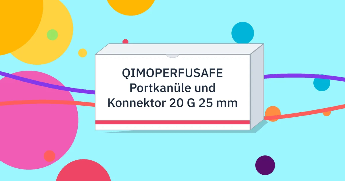 Symbolbild: Packung mit der Aufschrift QIMOPERFUSAFE Portkanüle und Konnektor 20 G 25 mm (PZN 14288393) – Verfügbarkeit und Bezug in Apotheken in Frankfurt am Main