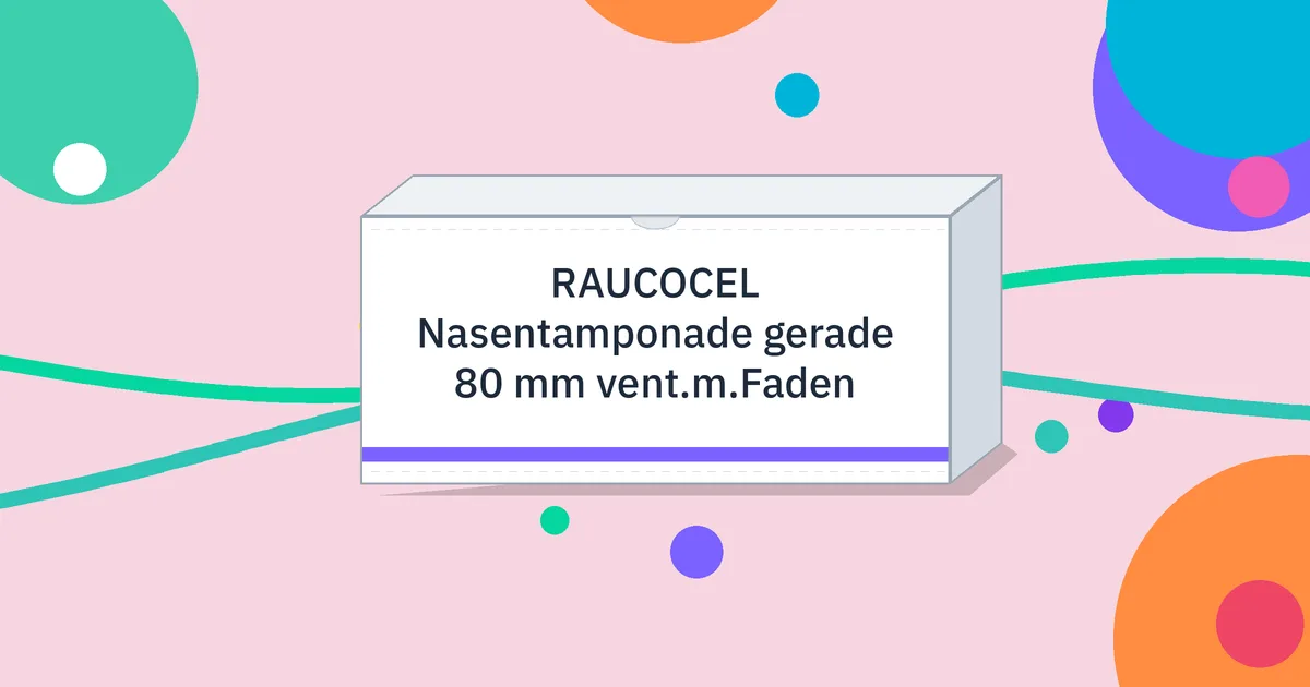 Symbolbild: Packung mit der Aufschrift RAUCOCEL Nasentamponade gerade 80 mm vent.m.Faden (PZN 02172892) – Verfügbarkeit und Bezug in Apotheken in Frankfurt am Main