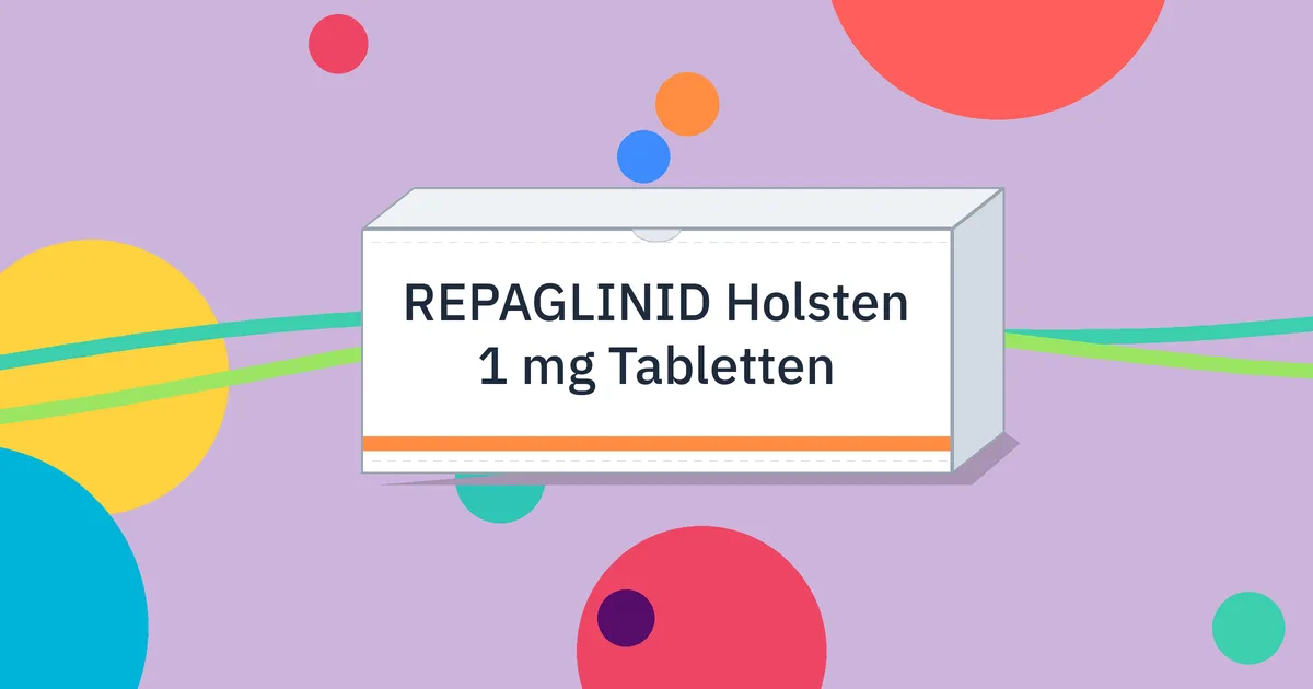 Symbolbild: Packung mit der Aufschrift REPAGLINID Holsten 1 mg Tabletten (PZN 12553253) – Verfügbarkeit und Bezug in Apotheken in Frankfurt am Main