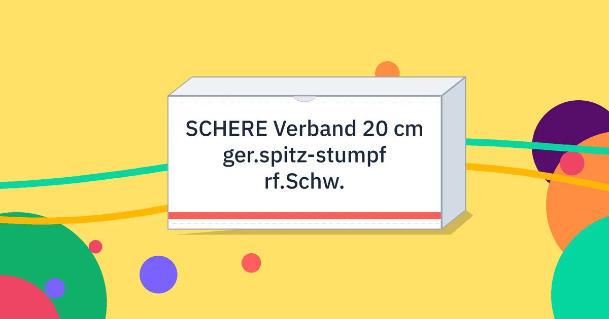 Symbolbild: Packung mit der Aufschrift SCHERE Verband 20 cm ger.spitz-stumpf rf.Schw. (PZN 10915551) – Verfügbarkeit und Bezug in Apotheken in Frankfurt am Main