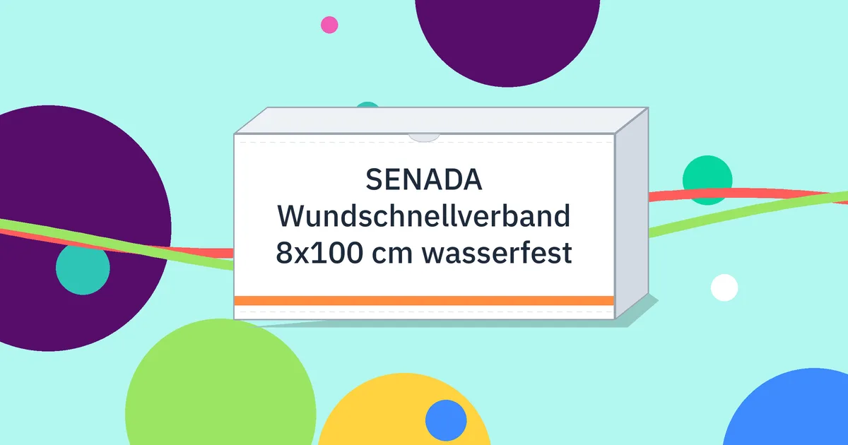 Symbolbild: Packung mit der Aufschrift SENADA Wundschnellverband 8x100 cm wasserfest (PZN 03806028) – Verfügbarkeit und Bezug in Apotheken in Frankfurt am Main