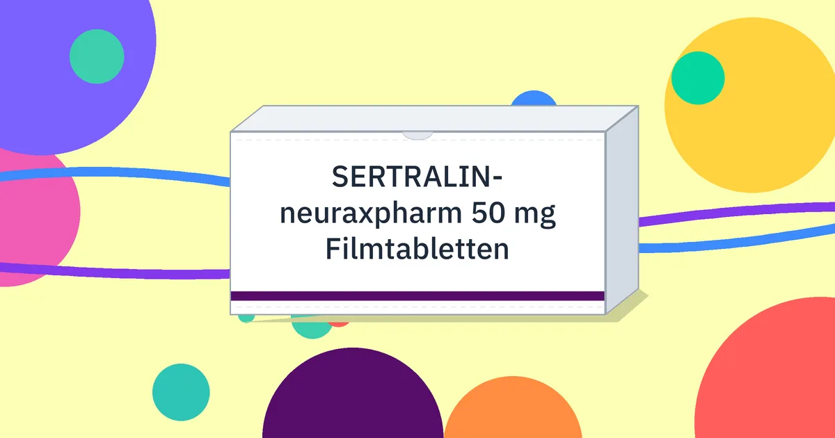 Symbolbild: Packung mit der Aufschrift SERTRALIN-neuraxpharm 50 mg Filmtabletten (PZN 01034857) – Verfügbarkeit und Bezug in Apotheken in Frankfurt am Main
