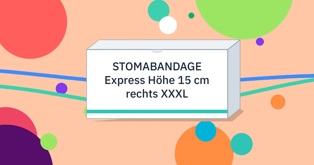 Symbolbild: Packung mit der Aufschrift STOMABANDAGE Express Höhe 15 cm rechts XXXL (PZN 16507965) – Verfügbarkeit und Bezug in Apotheken in Frankfurt am Main