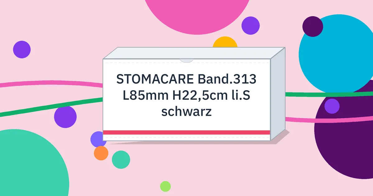 Symbolbild: Packung mit der Aufschrift STOMACARE Band.313 L85mm H22,5cm li.S schwarz (PZN 10841551) – Verfügbarkeit und Bezug in Apotheken in Frankfurt am Main