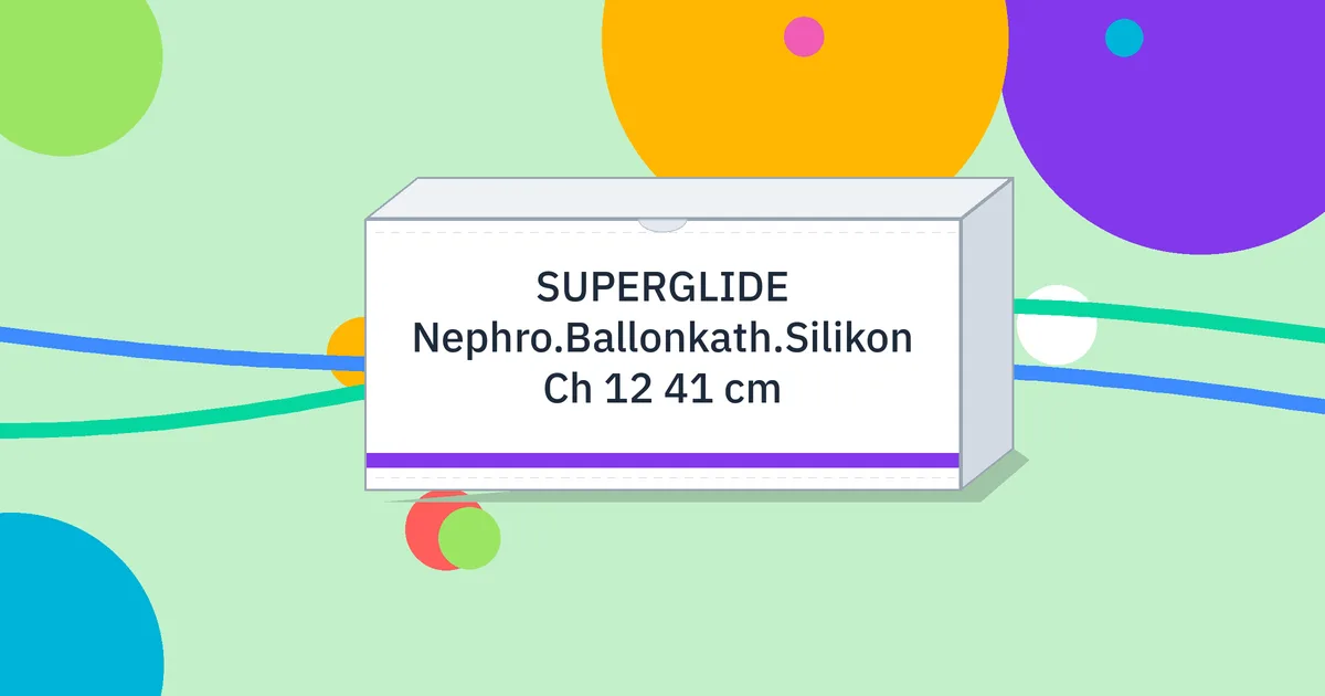 Symbolbild: Packung mit der Aufschrift SUPERGLIDE Nephro.Ballonkath.Silikon Ch 12 41 cm (PZN 05034618) – Verfügbarkeit und Bezug in Apotheken in Frankfurt am Main