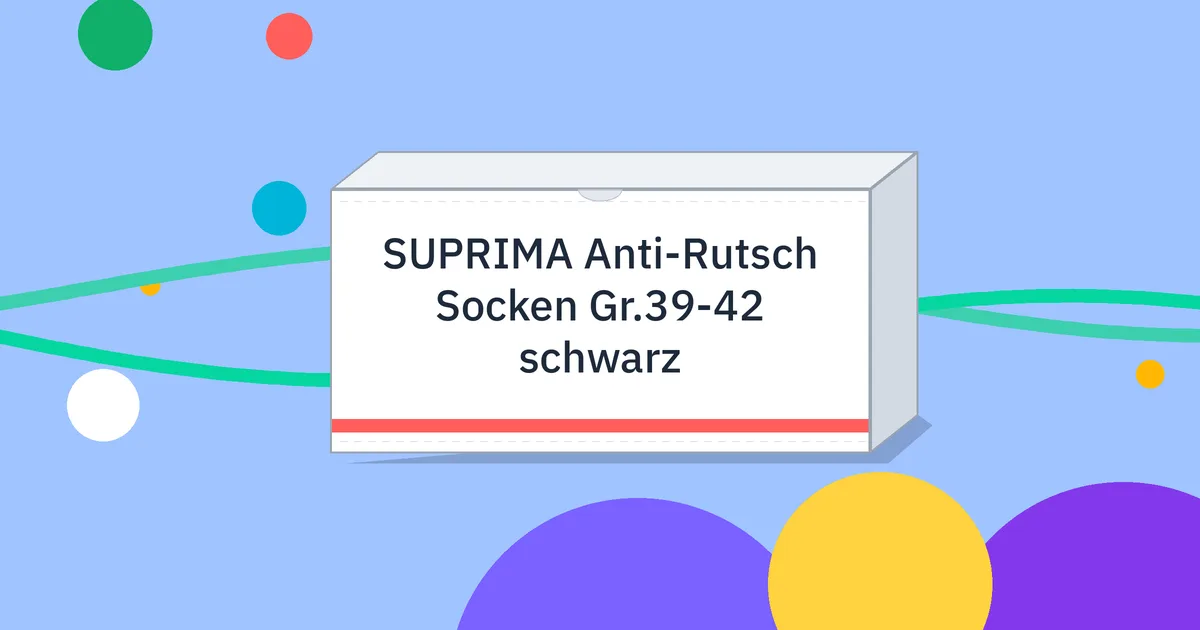 Symbolbild: Packung mit der Aufschrift SUPRIMA Anti-Rutsch Socken Gr.39-42 schwarz (PZN 07595628) – Verfügbarkeit und Bezug in Apotheken in Frankfurt am Main